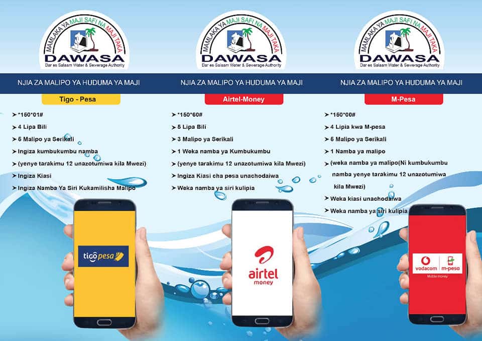 Jinsi ya kulipia bila ya Maji kwa M-pesa, Artiel Money, Tigo Pesa ...