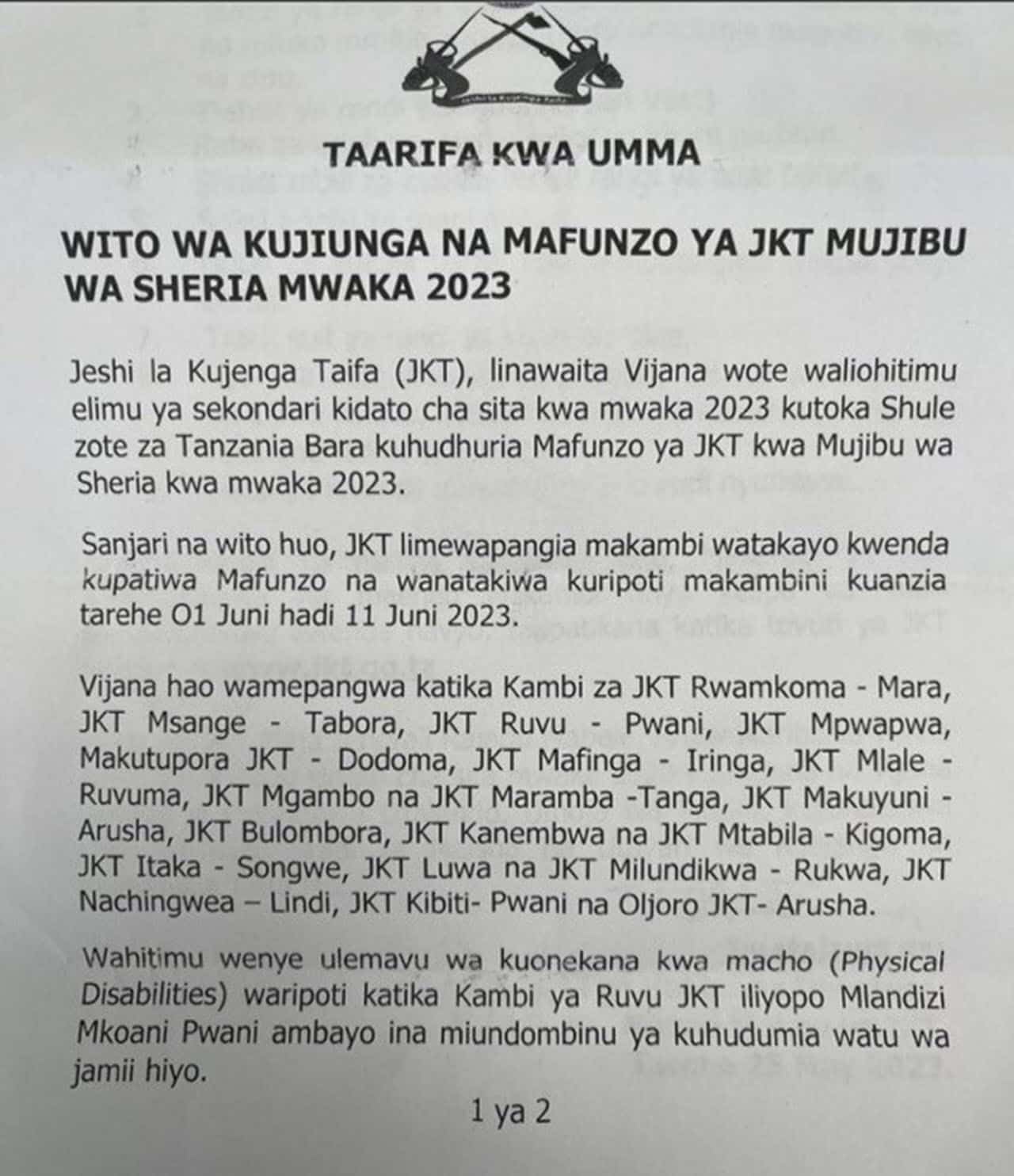 Uchaguzi wa JKT 2023 Kidato cha 6 - citiMuzik